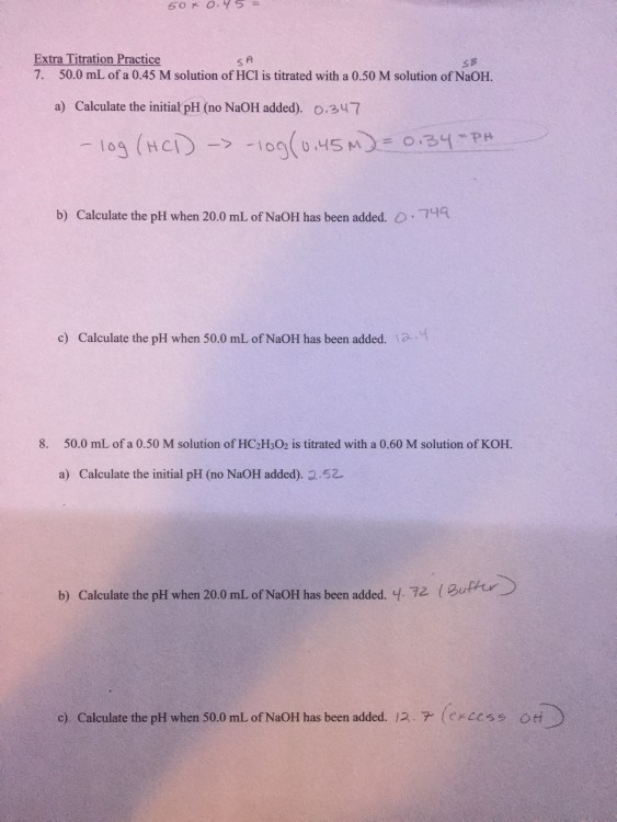 Solved Extra Titration Practice 7. 50.0 mL of a 0.45 M | Chegg.com