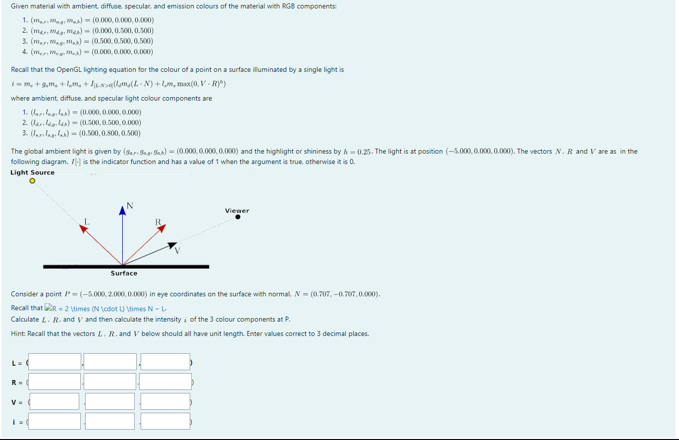 Solved Given material with ambient, diffuse, specular, and | Chegg.com