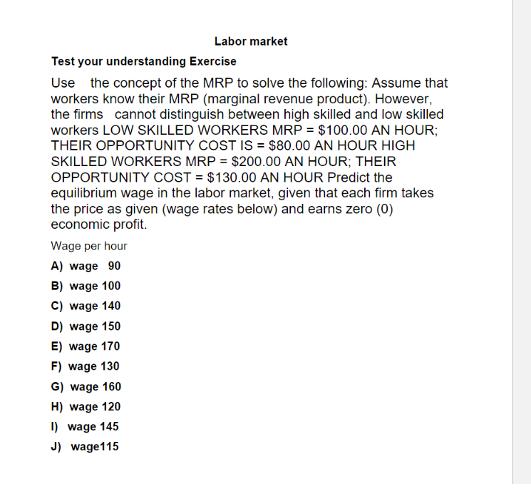 Solved Labor market Test your understanding Exercise Use the | Chegg.com