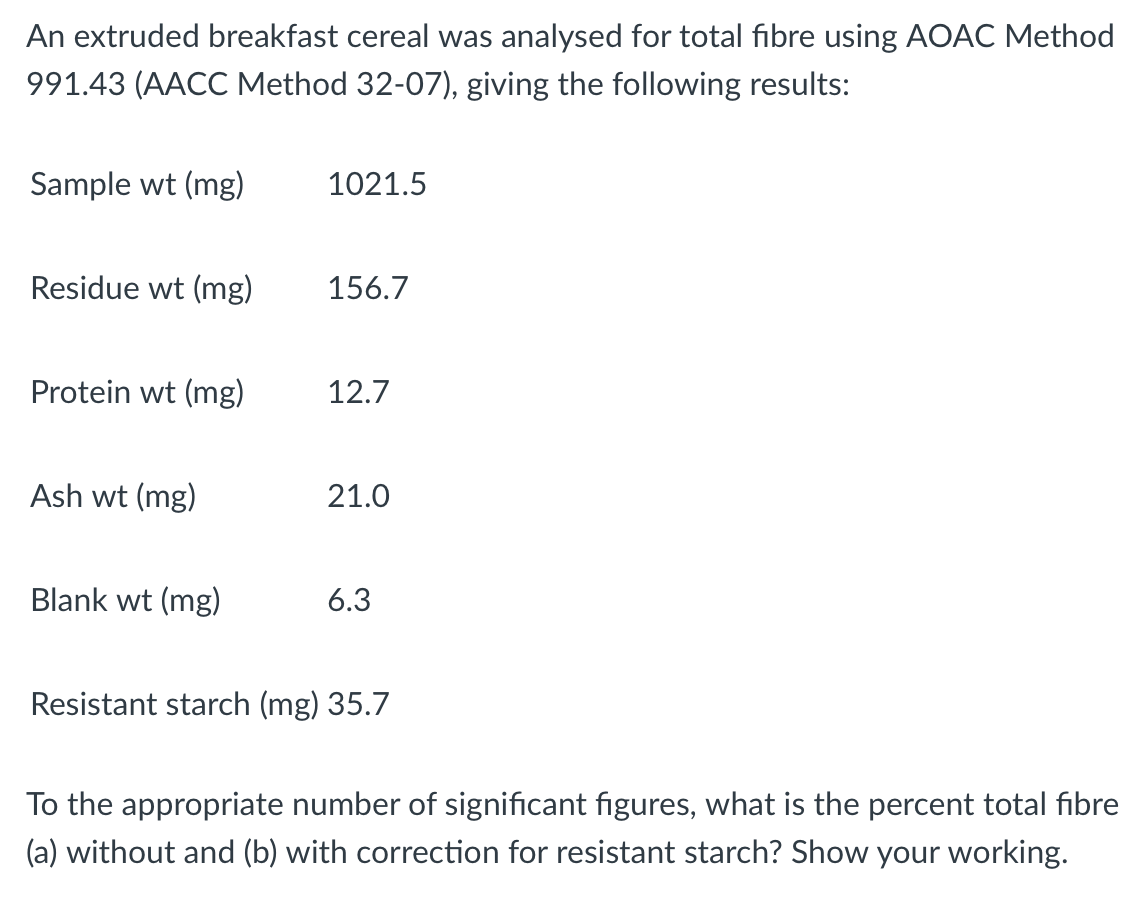 Solved An extruded breakfast cereal was analysed for total | Chegg.com