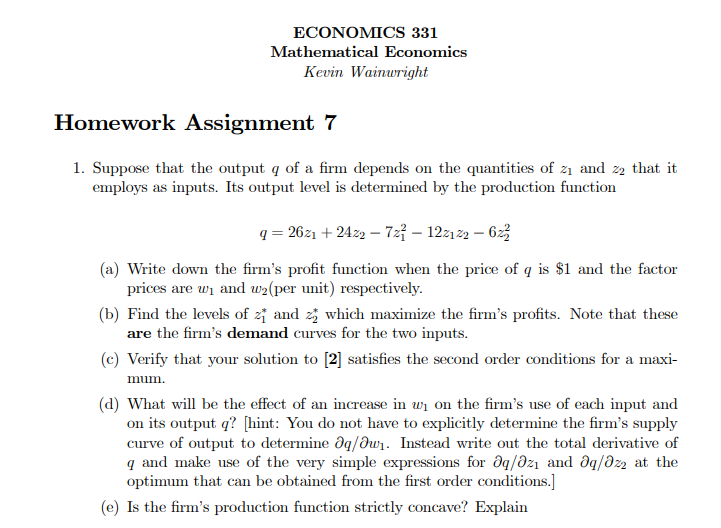Solved ECONOMICS 331 Mathematical Economics Kevin Wainwright | Chegg.com
