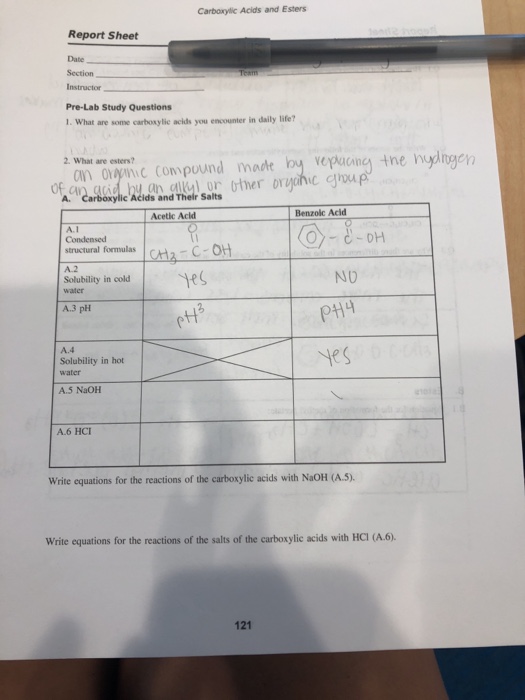 Solved Carboxylic Acids and Esters Report Sheet Date Section | Chegg.com