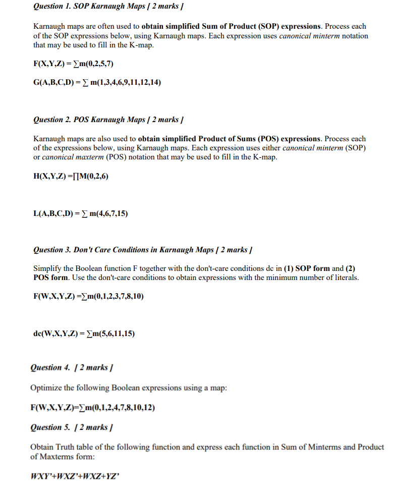 Solved Question 1. SOP Karnaugh Maps / 2 marks / Karnaugh | Chegg.com