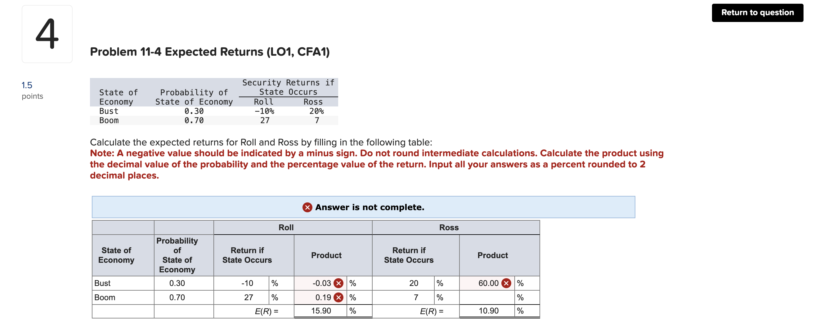 Solved Problem 11-4 Expected Returns (LO1, CFA1) Calculate | Chegg.com
