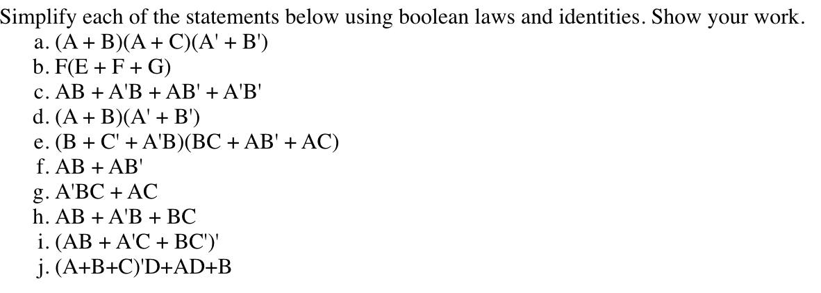 Solved Simplify each of the statements below using boolean | Chegg.com