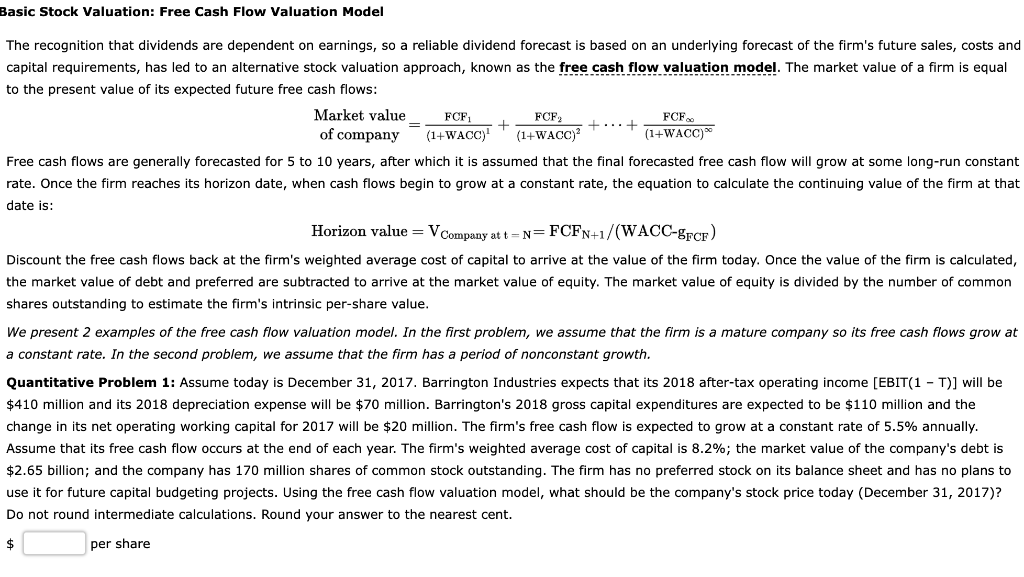Solved Basic Stock Valuation: Free Cash Flow Valuation Model | Chegg.com