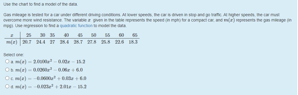 Solved Use the chart to find a model of the data.Gas mileage | Chegg.com