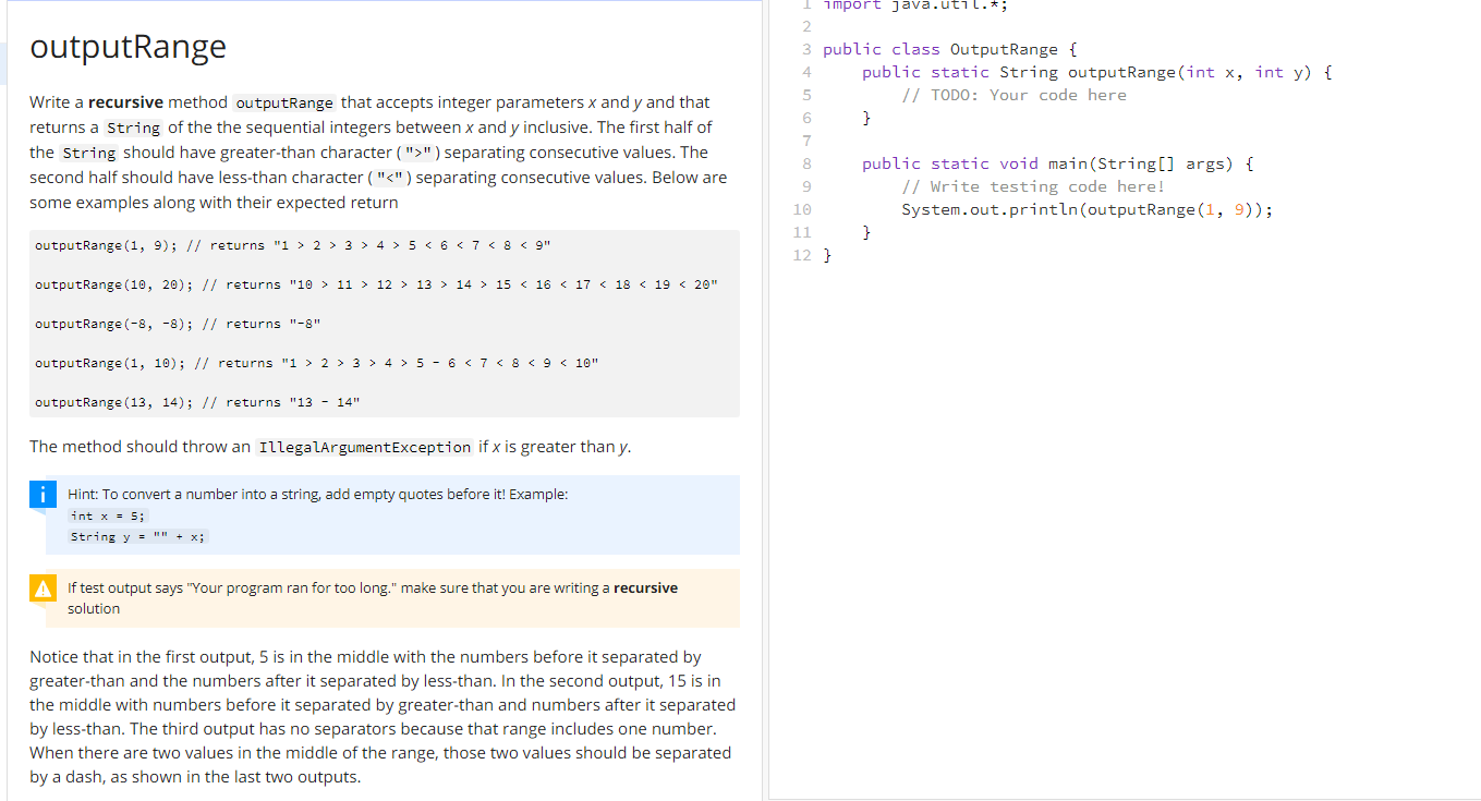 Solved 1 import java.util.*; outputRange Write a recursive | Chegg.com