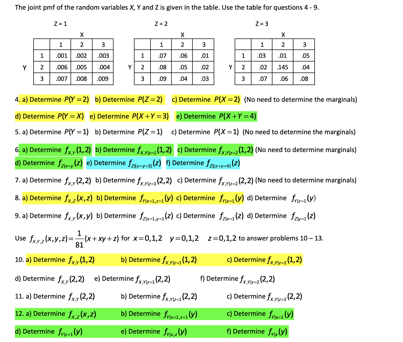 Solved The joint pmf of the random variables X,Y and Z is | Chegg.com