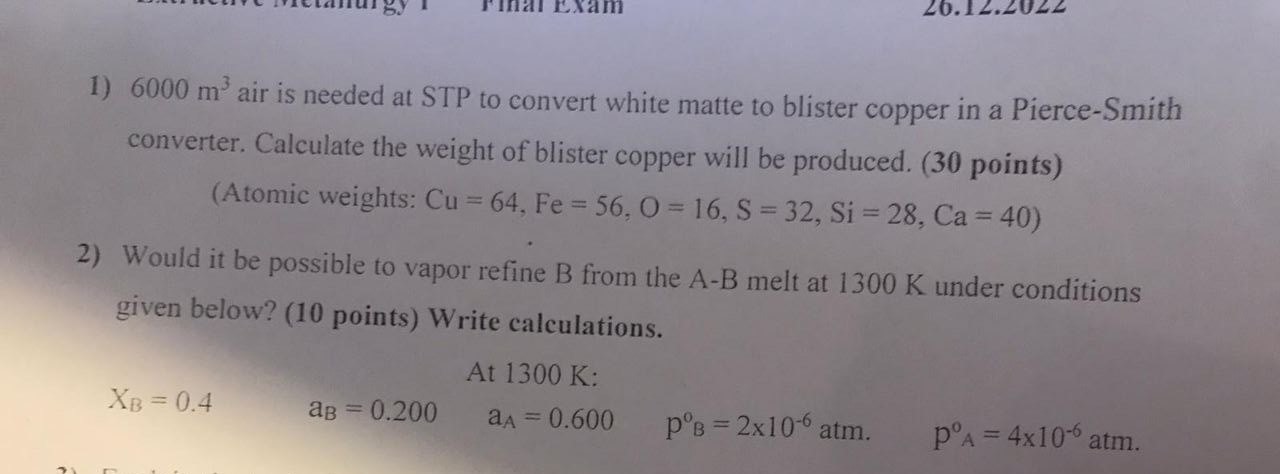 Solved 1) Calculate the composition of a copper matte | Chegg.com