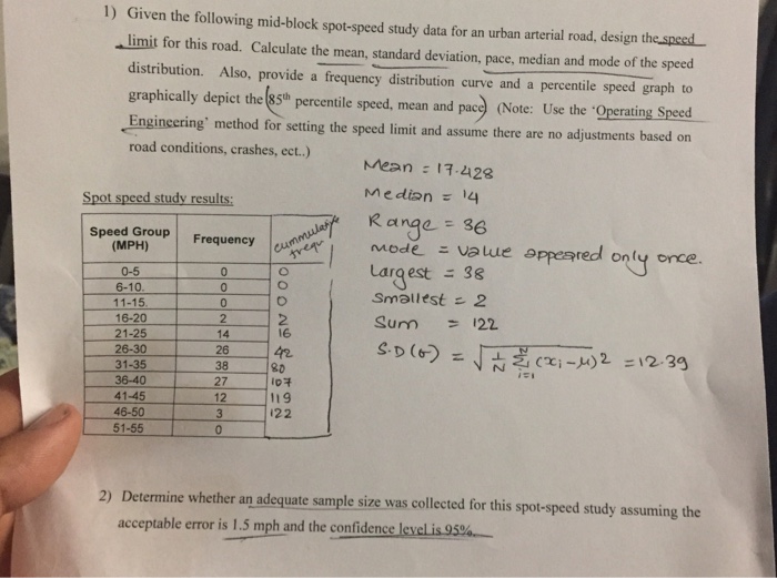 Solved 1) Given the following mid-block spot-speed study | Chegg.com