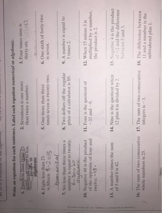 Solved Write An Equation For Each Sentence Label Each Chegg