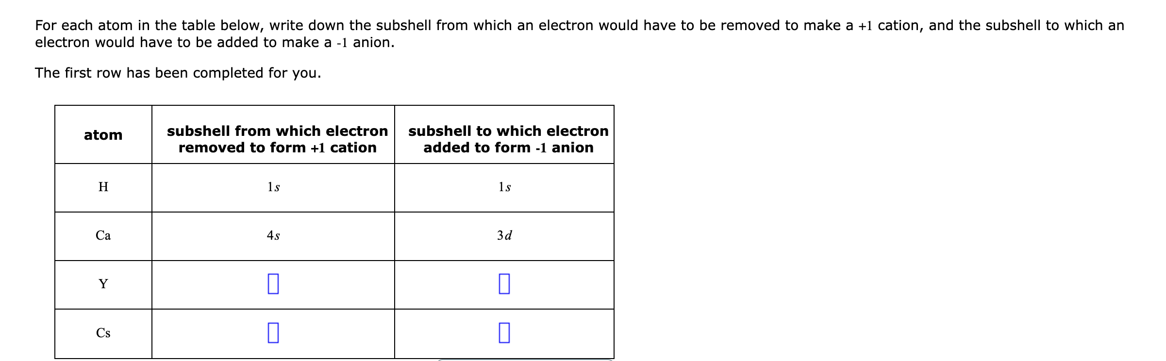 Solved For each atom in the table below, write down the | Chegg.com