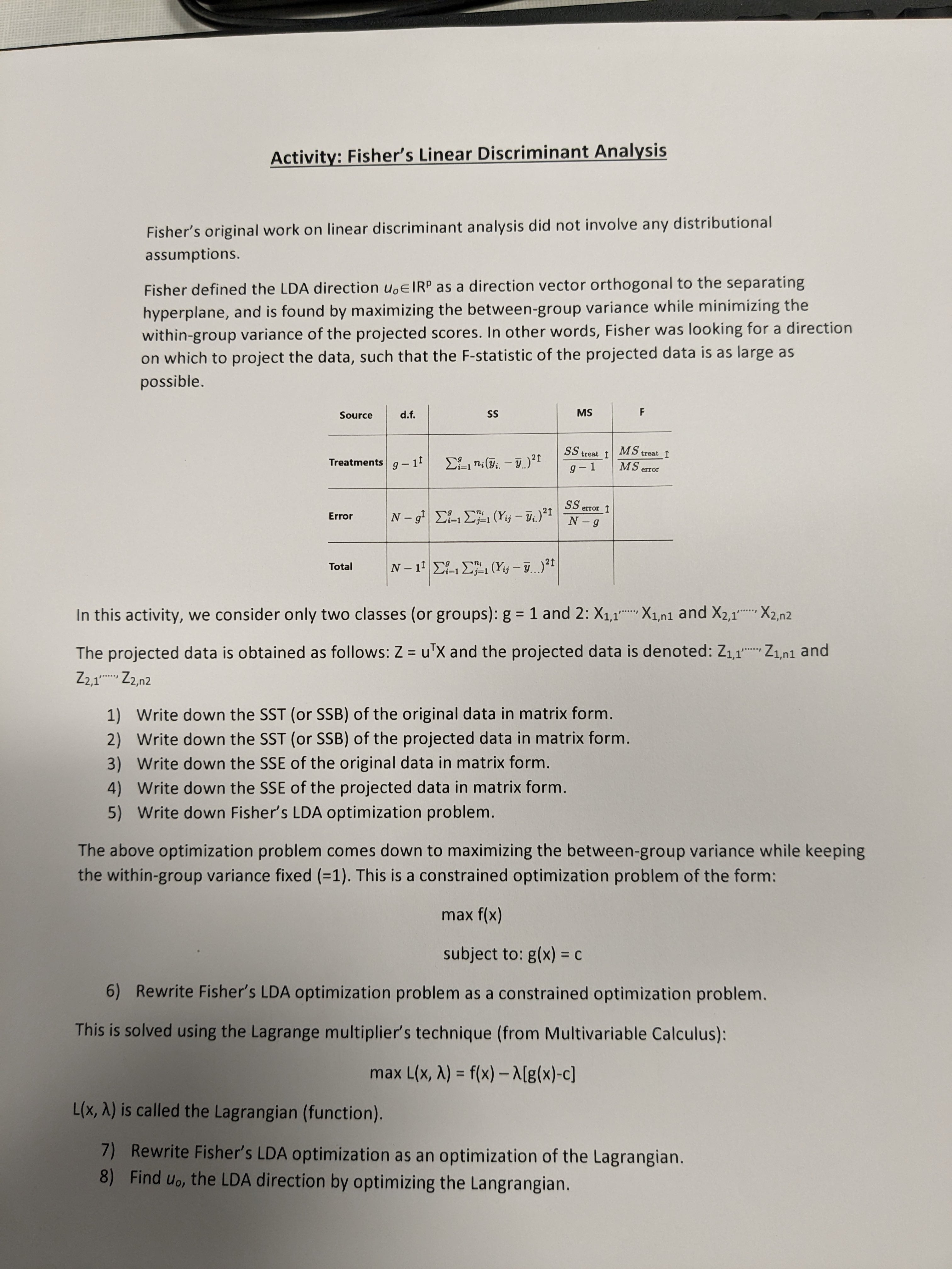 Solved Fisher's original work on linear discriminant | Chegg.com