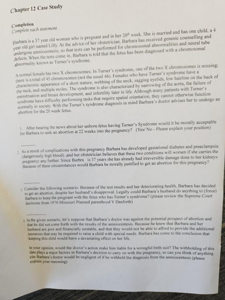 Chapter 12 Case Study Completion Complete each | Chegg.com