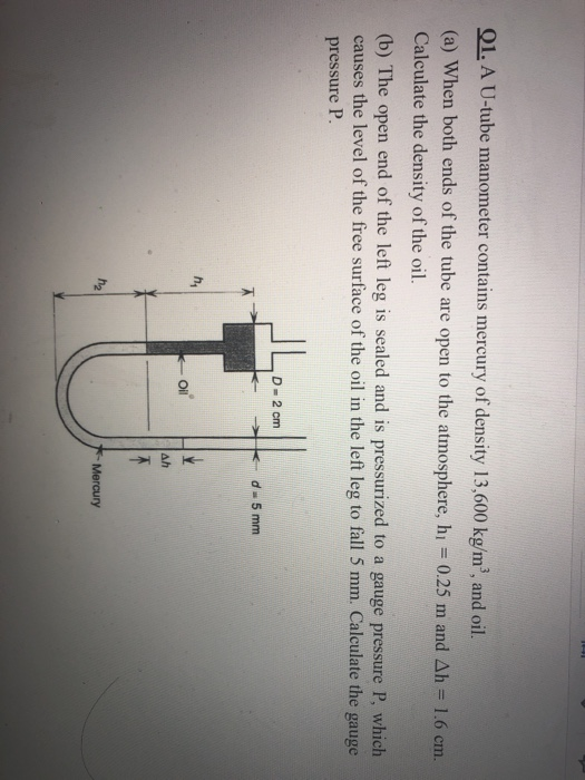 Solved Q1.A U-tube manometer contains mercury of density | Chegg.com