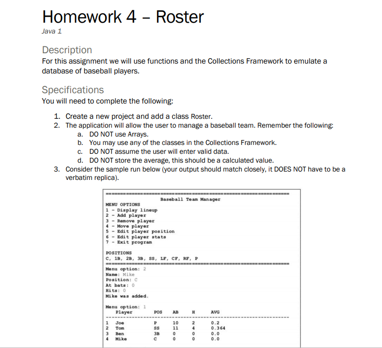Solved Homework 4 - Roster Java 1 Description For this | Chegg.com