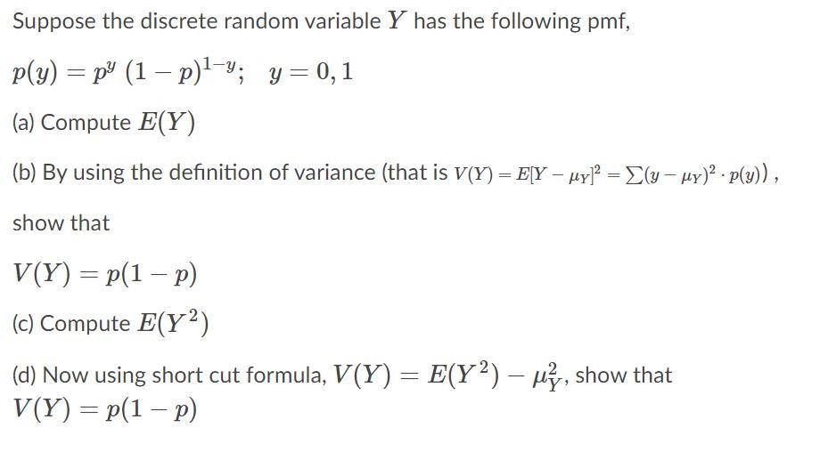 Solved Suppose the discrete random variable Y has the | Chegg.com
