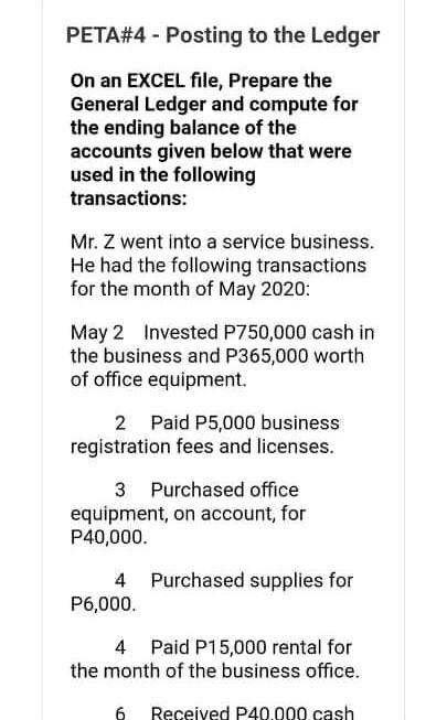 Solved PETA#4 - Posting to the Ledger On an EXCEL file, | Chegg.com