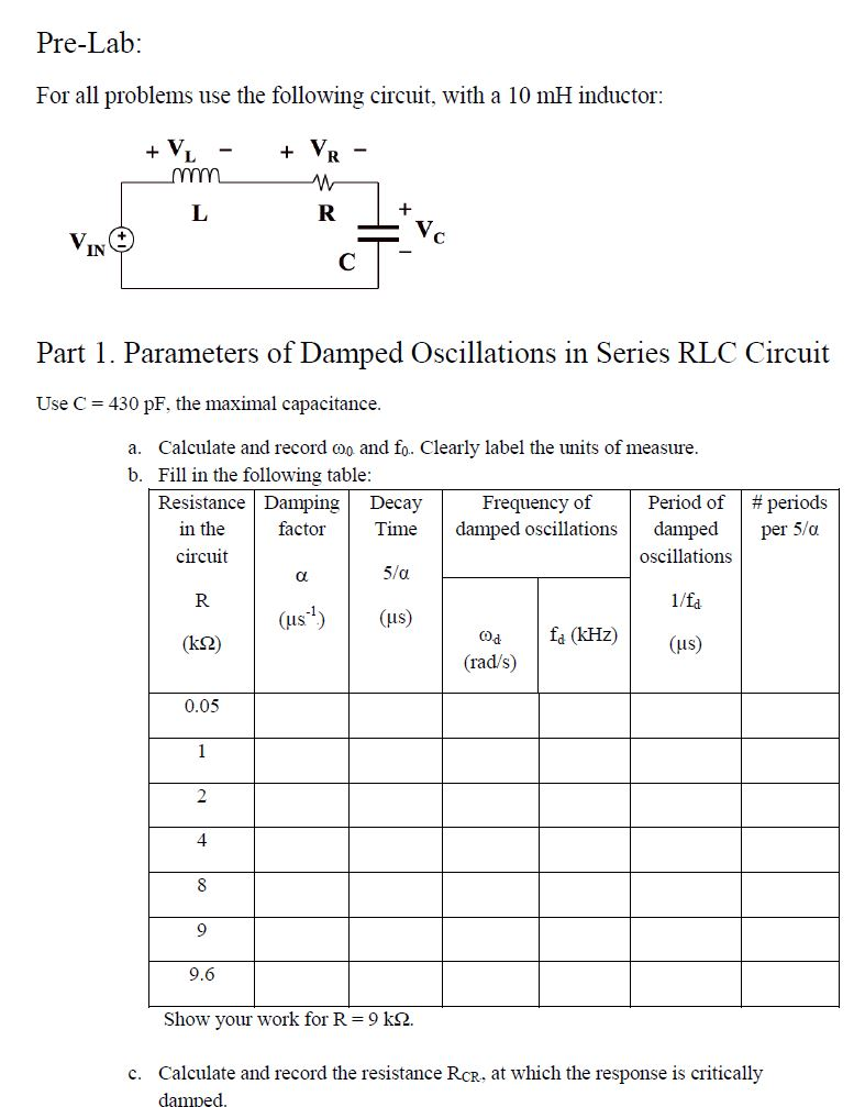 Solved Pre-Lab For all problems use the following circuit, | Chegg.com