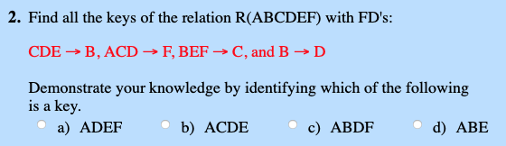 Solved 2. Find all the keys of the relation R(ABCDEF) with | Chegg.com