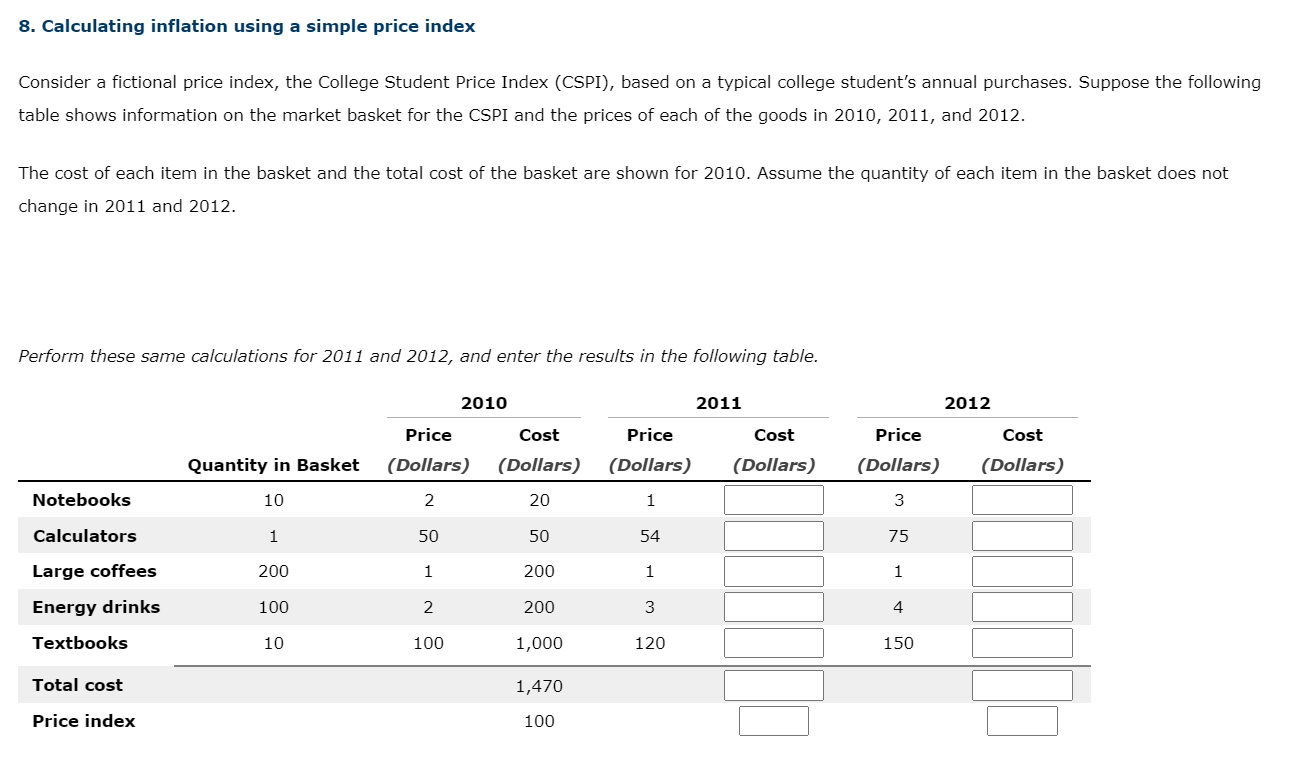 Solved 8. Calculating inflation using a simple price index | Chegg.com