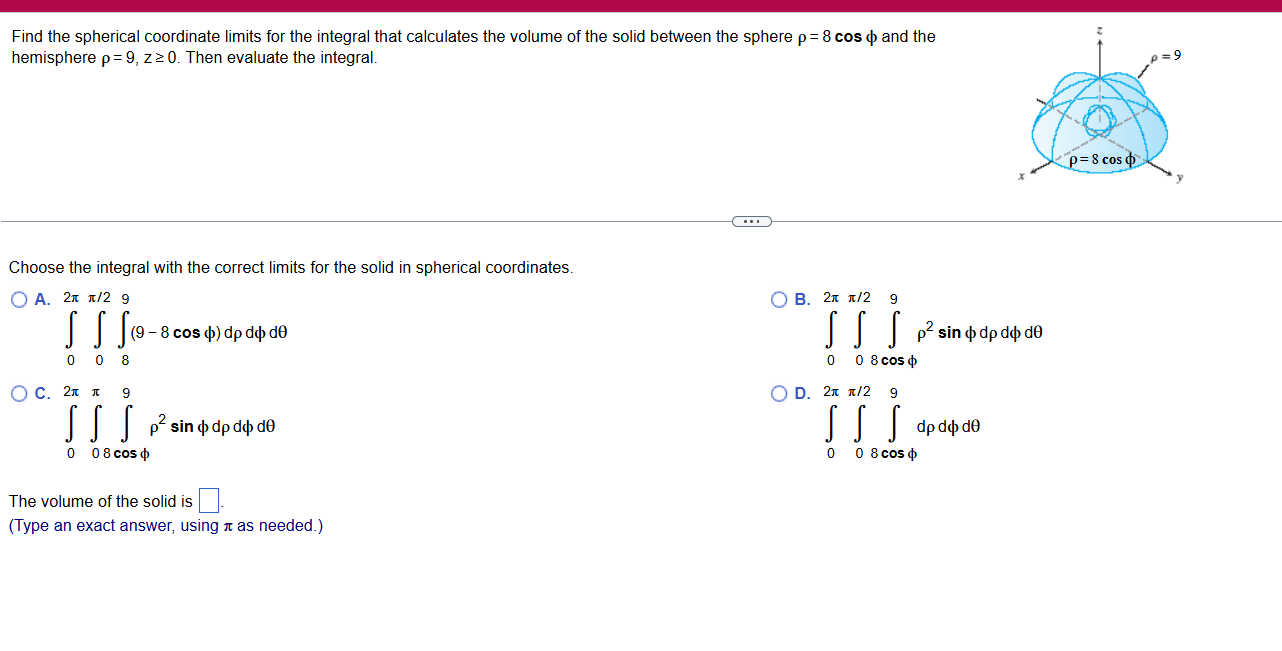 Solved Choose the integral with the correct limits ﻿for the | Chegg.com