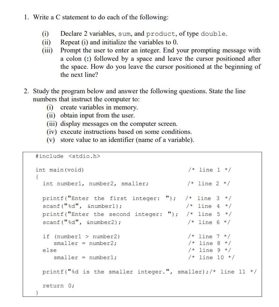 Solved 1. Write a C statement to do each of the following: | Chegg.com