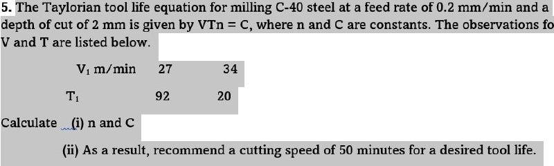 Solved 5. The Taylorian tool life equation for milling C-40 | Chegg.com