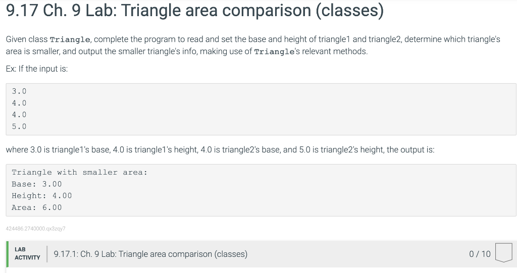 Solved Given class Triangle, complete the program to read | Chegg.com