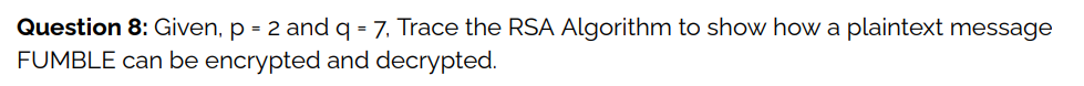 Solved Question 8: Given, p=2 ﻿and q=7, ﻿Trace the RSA | Chegg.com