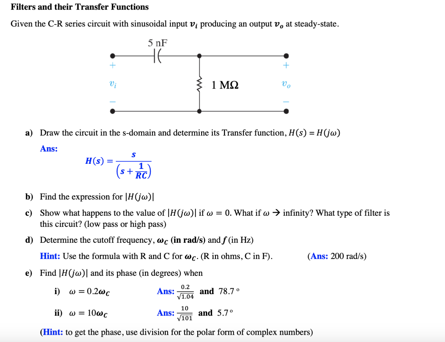 Solved Filters and their Transfer Functions Given the C-R | Chegg.com