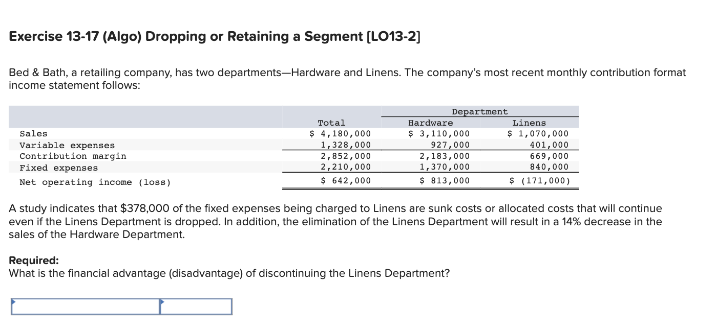 Solved Exercise 13-17 (Algo) Dropping or Retaining a Segment | Chegg.com