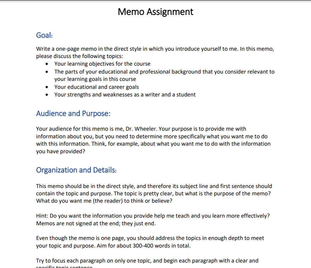 Solved Memo Assignment Goal: Write a one-page memo in the | Chegg.com