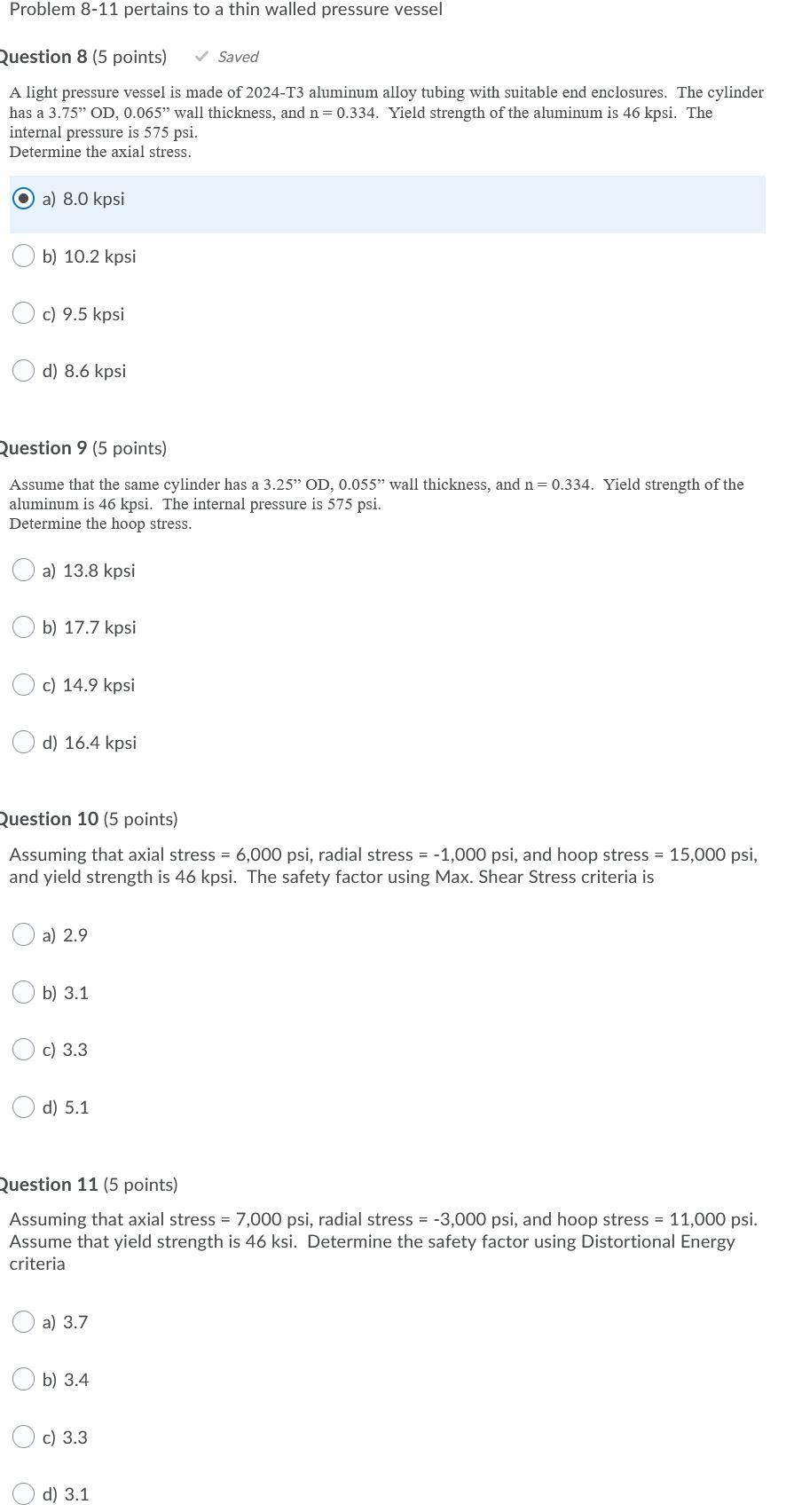 Solved Problem 8-11 pertains to a thin walled pressure | Chegg.com