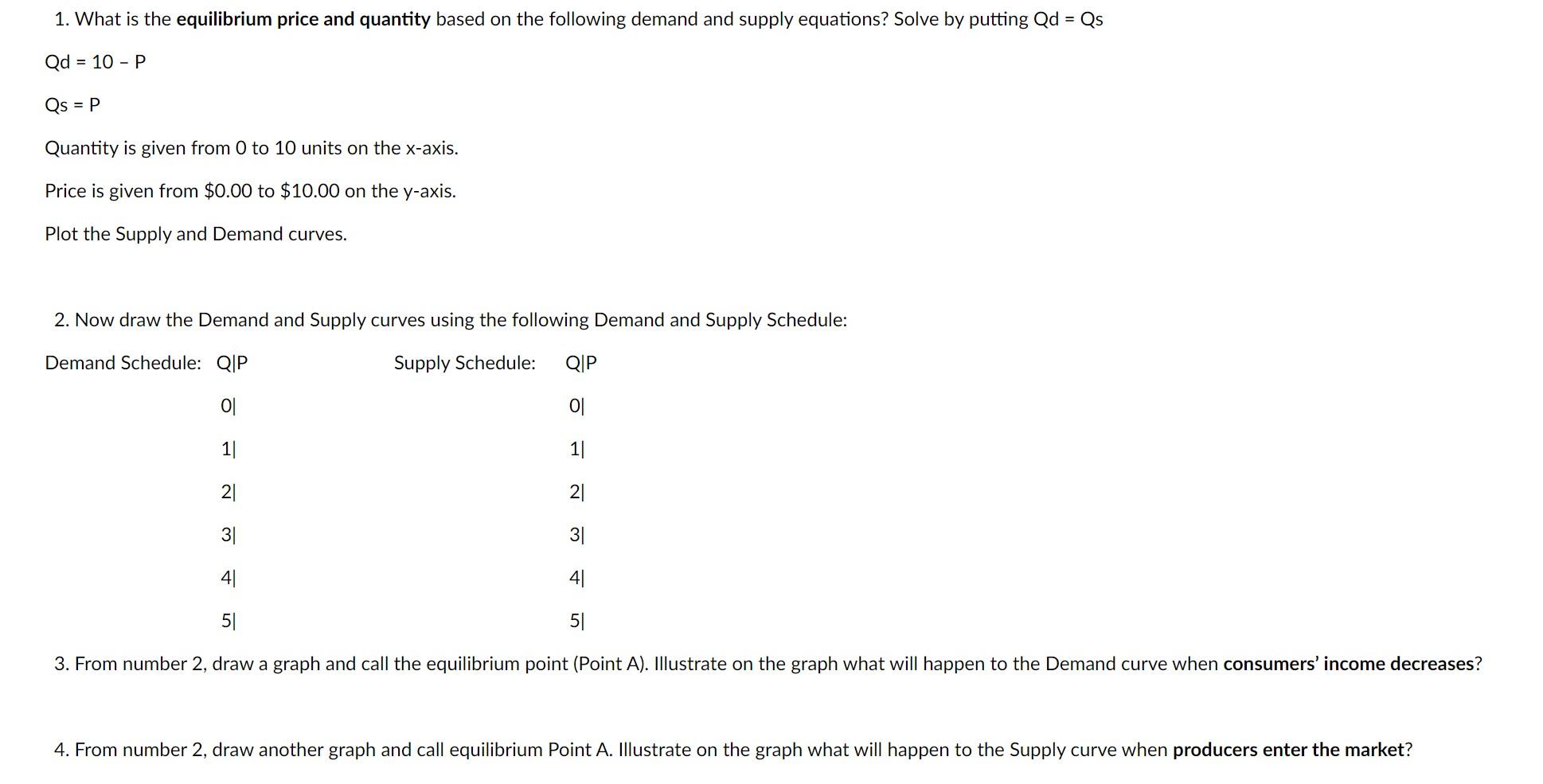 Solved 1. What is the equilibrium price and quantity based | Chegg.com