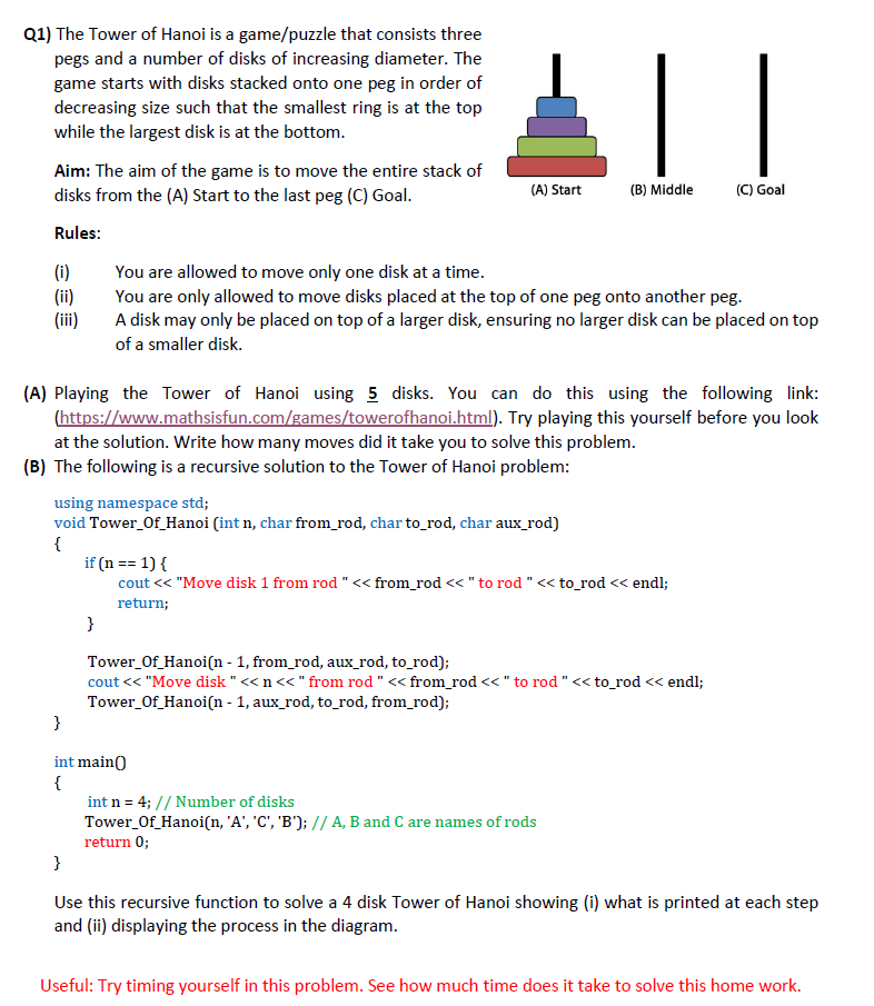 Solved Q1) The Tower of Hanoi is a game/puzzle that | Chegg.com