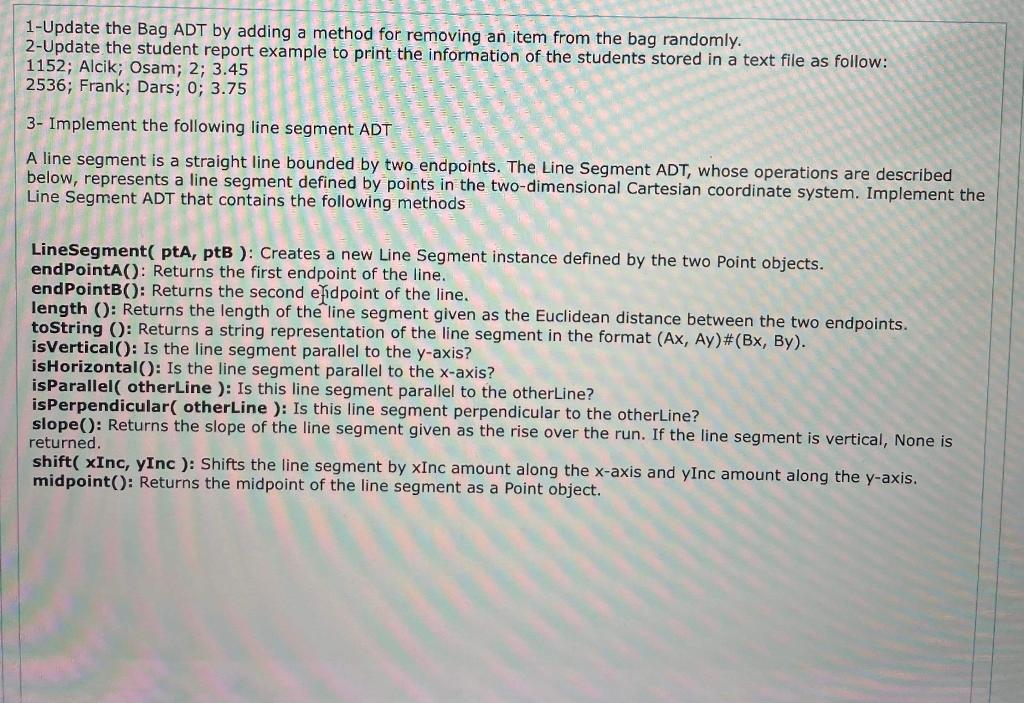 Solved 1-Update the Bag ADT by adding a method for removing | Chegg.com