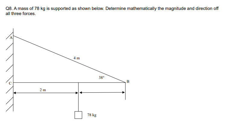 Solved Q8. A mass of 78 kg is supported as shown below. | Chegg.com