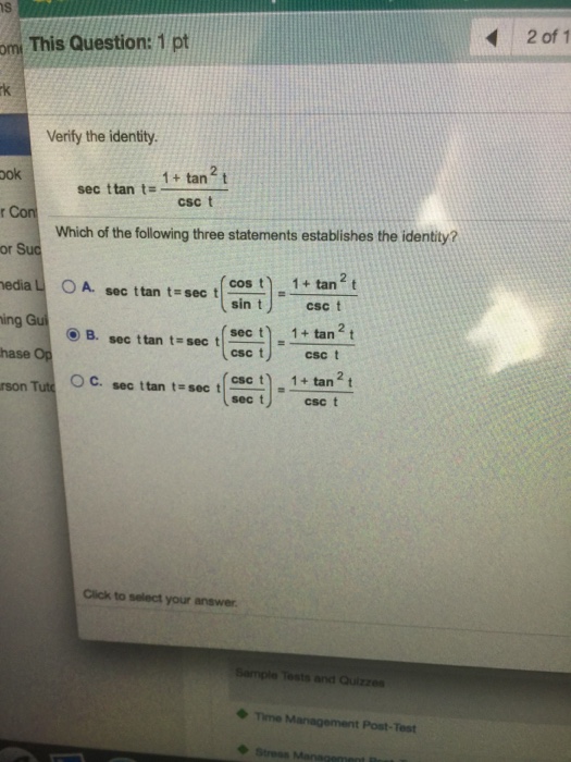 Solved Verify the identity. sec t tan t = 1 + tan^2 t/csc t | Chegg.com