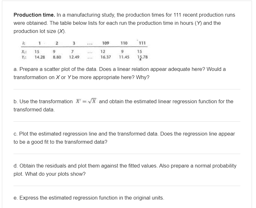Solved Production time. In a manufacturing study, the | Chegg.com