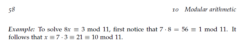 Solved Example: To solve 8x≡3mod11, first notice that | Chegg.com
