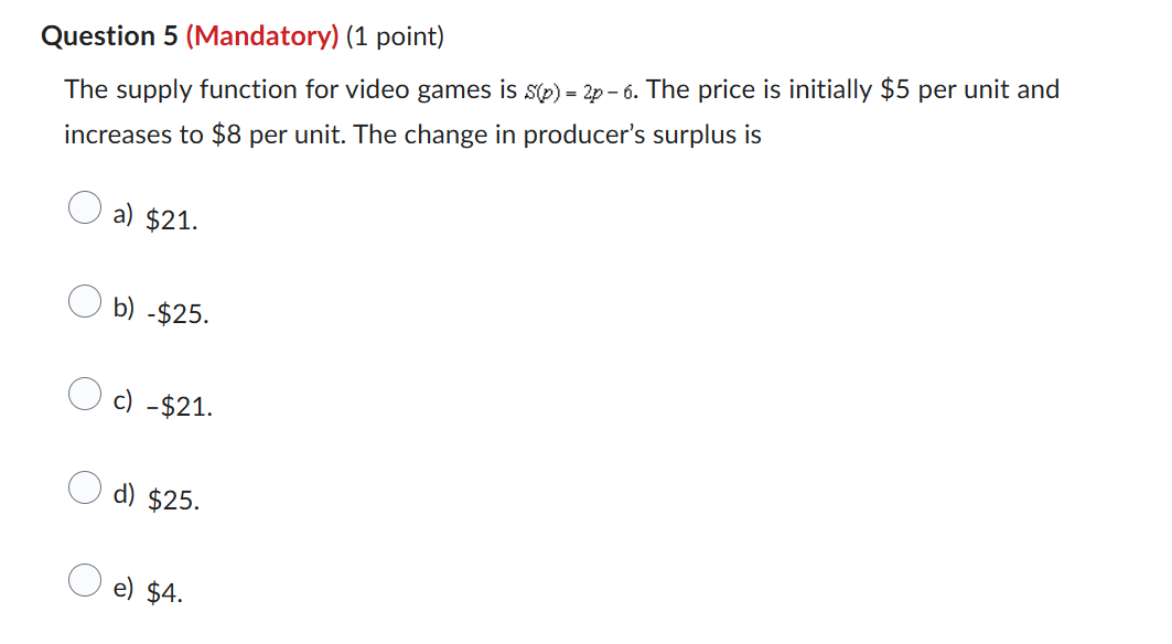 Solved Question 5 (Mandatory) (1 ﻿point)The supply function | Chegg.com