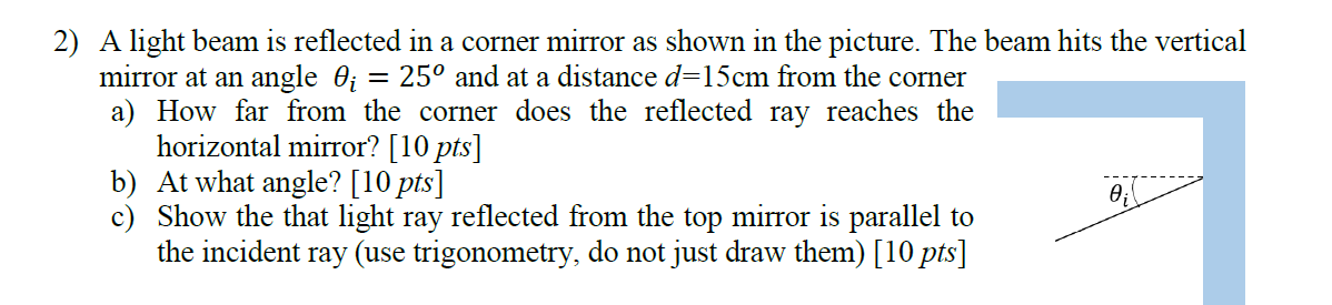 Solved = 2) A light beam is reflected in a corner mirror as | Chegg.com