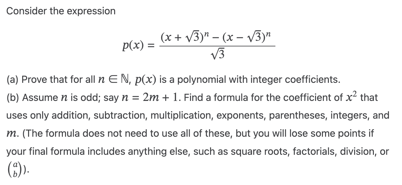 Solved Consider the expression p(x)=3(x+3)n−(x−3)n (a) Prove | Chegg.com