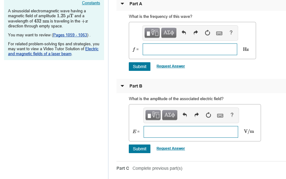 Solved Constants Part A A sinusoidal electromagnetic wave | Chegg.com