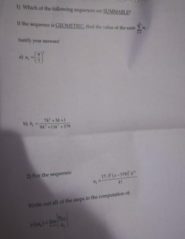 Solved 1) Which of the following sequences are SUMMABLE? If | Chegg.com