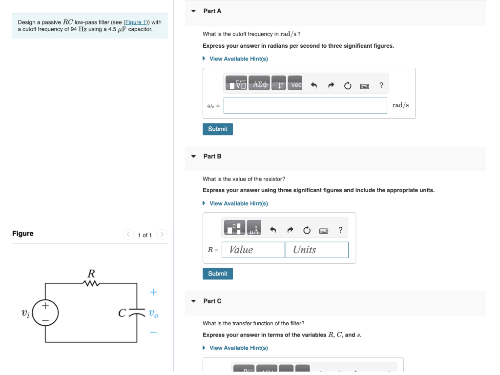 Solved Design a passive RC low-pass filter (see I with a | Chegg.com