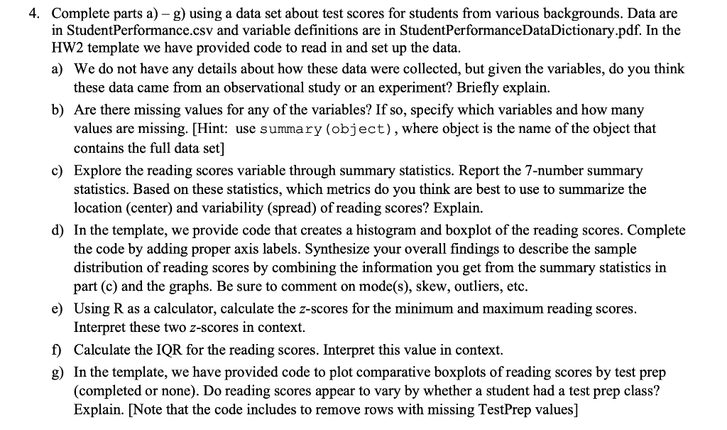 Solved 4. Complete parts a) − g) using a data set about test | Chegg.com