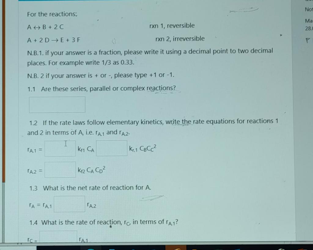 Solved For the reactions: A↔B+2CA+2D→E+3F rxn 1 , reversible | Chegg.com